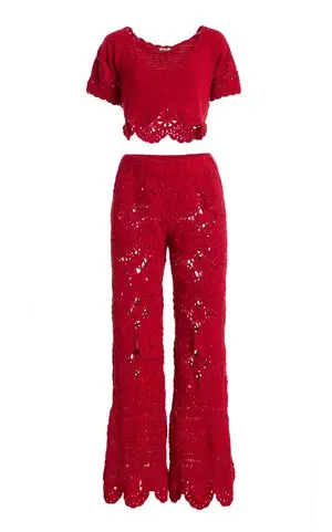 Akoia Swim Crocheted Cotton Pant Set - Red