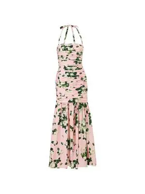 Carolina Herrera Rose-print Gathered Midi Dress - Pink