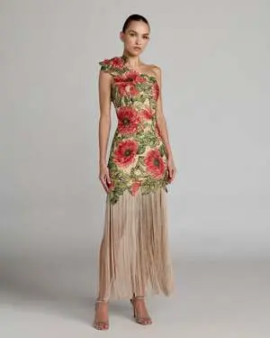 Mac Duggal Embroidered One-shoulder Gown With Fringe Hem - Nude Multi
