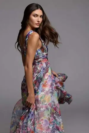 Mac Duggal Floral Chiffon Gown With Ruffle Slit