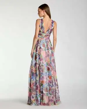 Mac Duggal Floral Chiffon Gown With Ruffle Slit