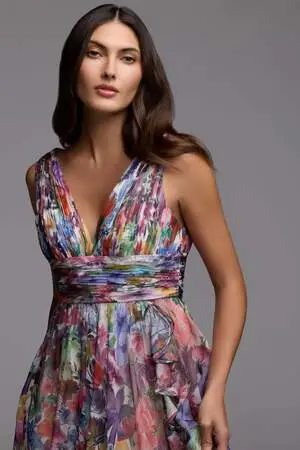 Mac Duggal Floral Chiffon Gown With Ruffle Slit