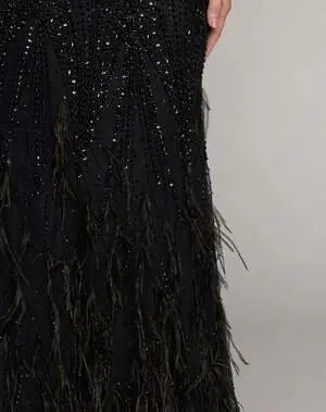 MAC DUGGAL COLLECTION Embellished V-neck Gown With Feather Hem