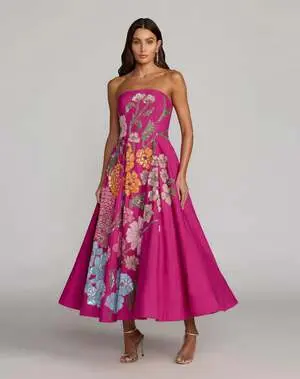Mac Duggal Embellished Floral Strapless Midi Dress