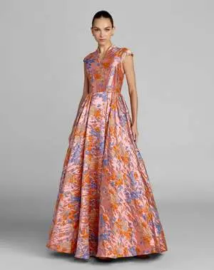 Mac Duggal Brocade Cap-sleeve Ball Gown - Pink Multi