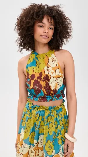 ALEMAIS Floral Print Halter Neck Sleeveless Crop Top With Elasticated Hem
