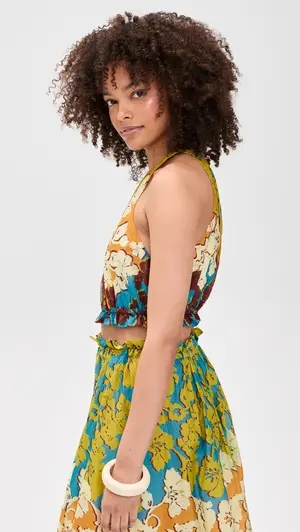 ALEMAIS Floral Print Halter Neck Sleeveless Crop Top With Elasticated Hem