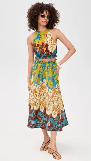 ALEMAIS Floral Print Halter Neck Sleeveless Crop Top With Elasticated Hem