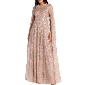 Mac Duggal Embellished Mesh Column Gown With Cape Sleeves - Rose