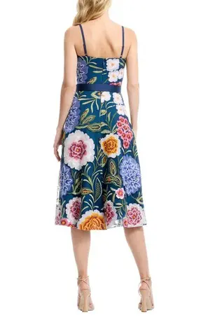 Dress The Population Carlita Belted Floral Embroidered Midi Cocktail Dress
