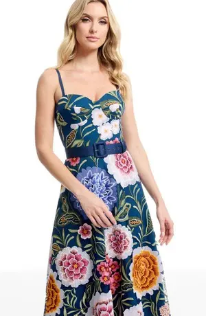 Dress The Population Carlita Belted Floral Embroidered Midi Cocktail Dress