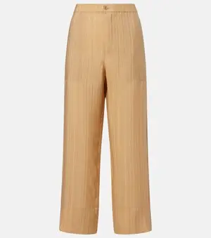 Saint Laurent Striped Cropped Silk Straight Pants - Beige