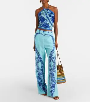 Etro Floral Print Silk Straight Leg Pants