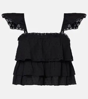 Poupette St Barth Anya Ruffled Cotton Crop Top - Black