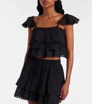 Poupette St Barth Anya Ruffled Cotton Crop Top - Black