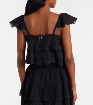 Poupette St Barth Anya Ruffled Cotton Crop Top - Black