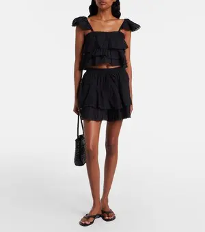 Poupette St Barth Anya Ruffled Cotton Crop Top - Black
