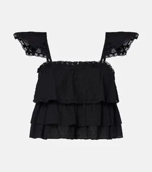 Poupette St Barth Anya Ruffled Cotton Crop Top - Black