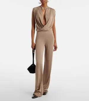 AYA MUSE Esme Cutout Draped Silk-blend Crop Top - Beige