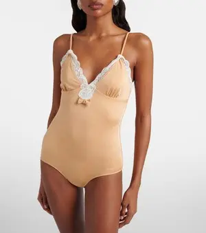 Chloé Bow-detail Lace-trimmed Bodysuit - Beige