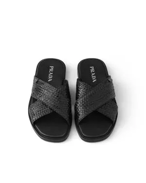 Prada Crisscross Leather Slides - Black