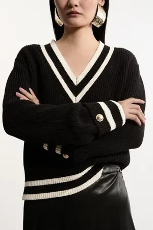 Karen Millen Cotton V-neck Boxy Jumper - Black