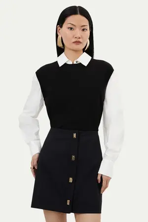 Karen Millen Techno Cotton Mini Skirt With Gold Clasp