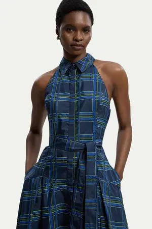 Karen Millen Check Taffeta Belted Maxi Shirt Dress