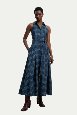 KAREN MILLEN Check Taffeta Belted Maxi Shirt Dress
