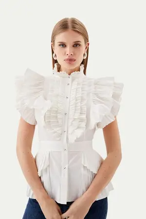 Karen Millen Sleeveless Pleated Ruffle Blouse - White