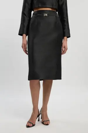 Karen Millen Satin Twill Belted Tailored Midi Skirt - Black