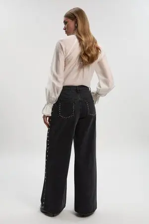 Karen Millen Denim Studded Wide Leg Jeans