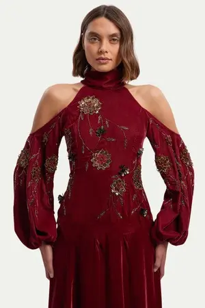 Karen Millen Velvet Embroidered High Neck Maxi Dress