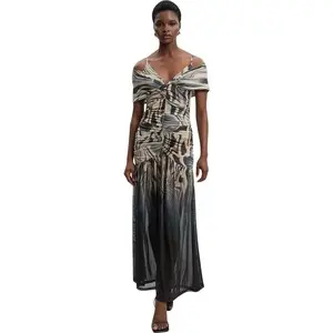 Karen Millen Marble Print Mesh Plunge Maxi Dress
