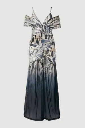 Karen Millen Marble Print Mesh Plunge Maxi Dress