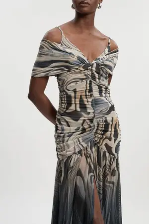 Karen Millen Marble Print Mesh Plunge Maxi Dress