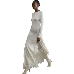 Karen Millen Slinky Lace Asymmetrical Maxi Dress - Cream