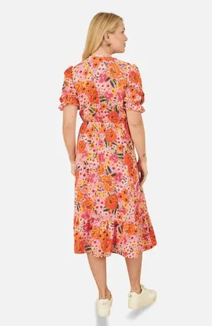 YUMI Puff Sleeve V-neck Printed Midi Dress