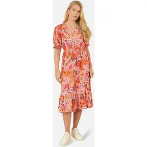 YUMI Puff Sleeve V-neck Printed Midi Dress - Pink