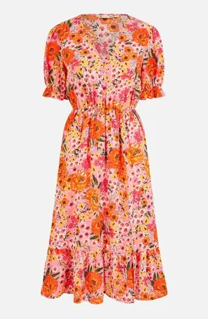 YUMI Puff Sleeve V-neck Printed Midi Dress