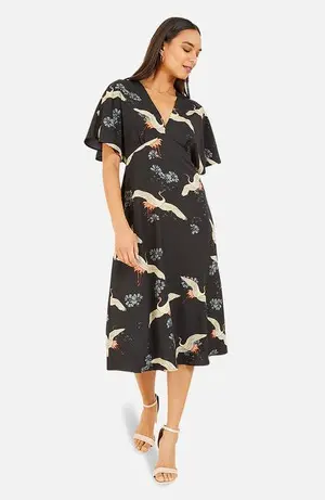 YUMI Printed V-neck Midi Dress - Black