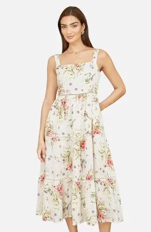YUMI Floral Broderie Anglaise Cotton Midi Sun Dress - Ivory