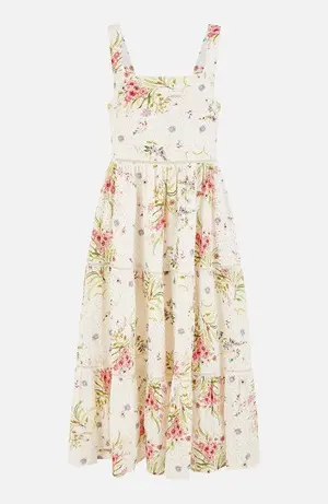 YUMI Floral Broderie Anglaise Cotton Midi Sun Dress - Ivory