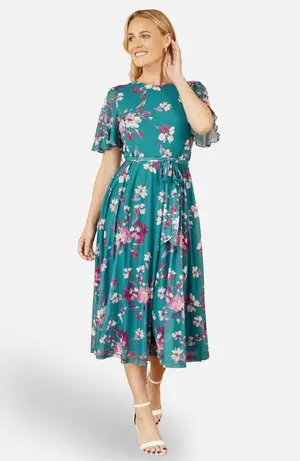 YUMI Mesh Skater Floral Midi Dress - Teal