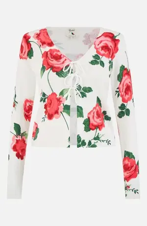 YUMI Long Sleeve V-neck Tie Front Cardigan - White