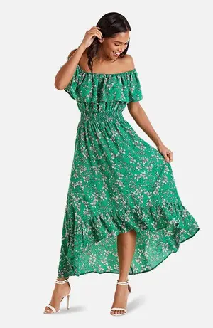 YUMI Floral Bardot Ruffled Hem Midi Dress