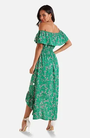 YUMI Floral Bardot Ruffled Hem Midi Dress