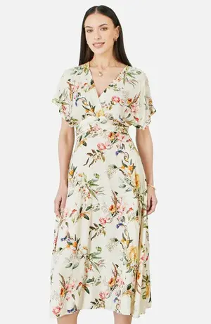 YUMI Floral Print Viscose Midi Dress - Ivory