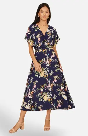 YUMI Floral Print Viscose Midi Dress - Navy