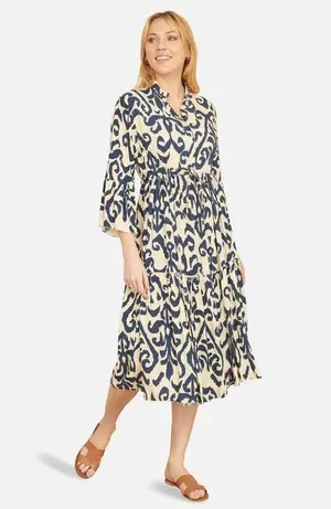 YUMI 3/4 Sleeve Block Print Kaftan Dress